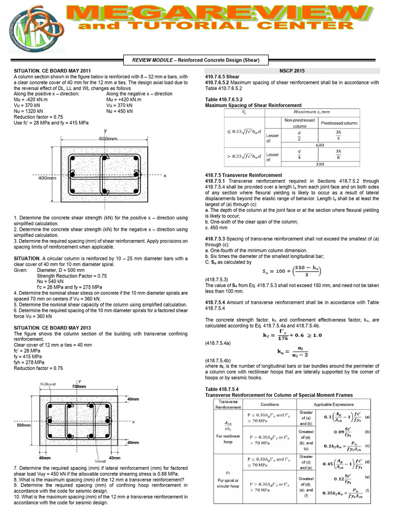 Review Module - RCD Shear (Columns) | PDF
