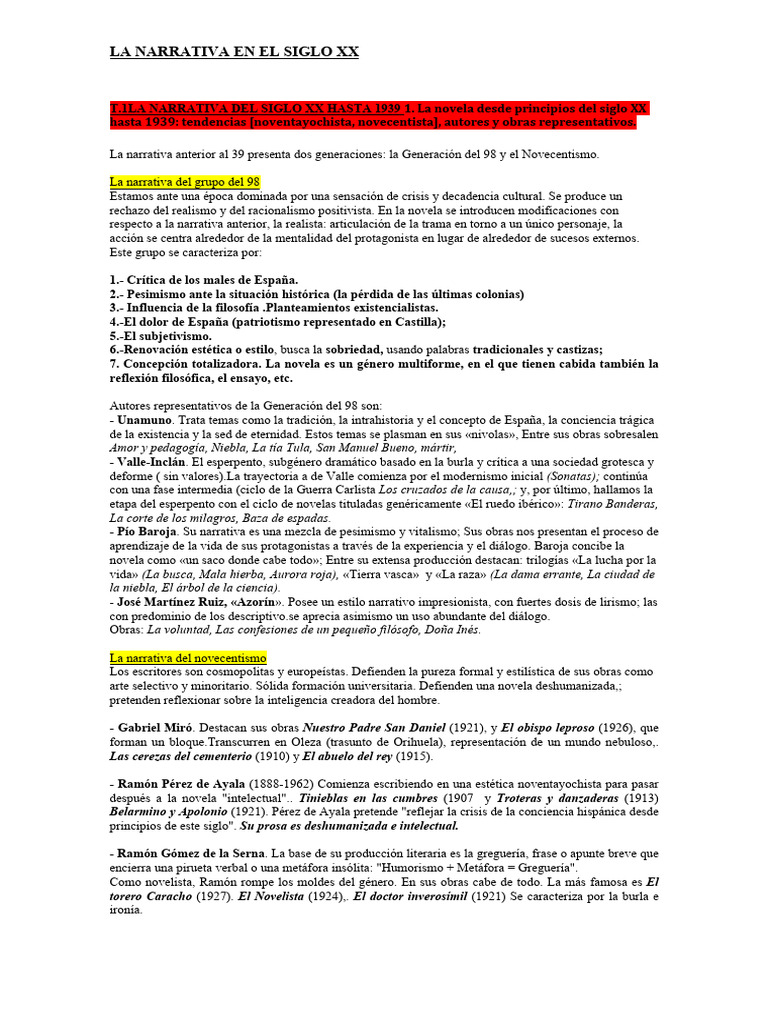 La Narrativa Española Del Siglo XX - 3 Temas . | PDF