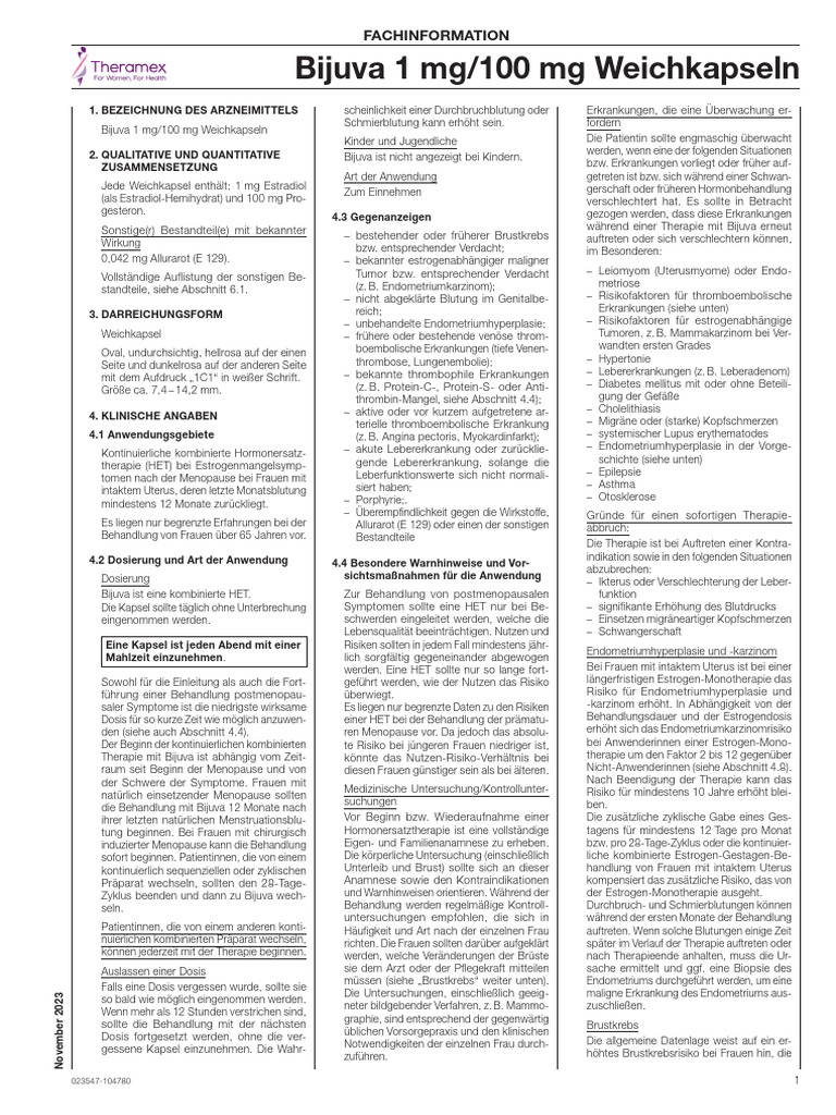 Bijuva 1 mg/100 MG Weichkapseln: Fachinformation | PDF