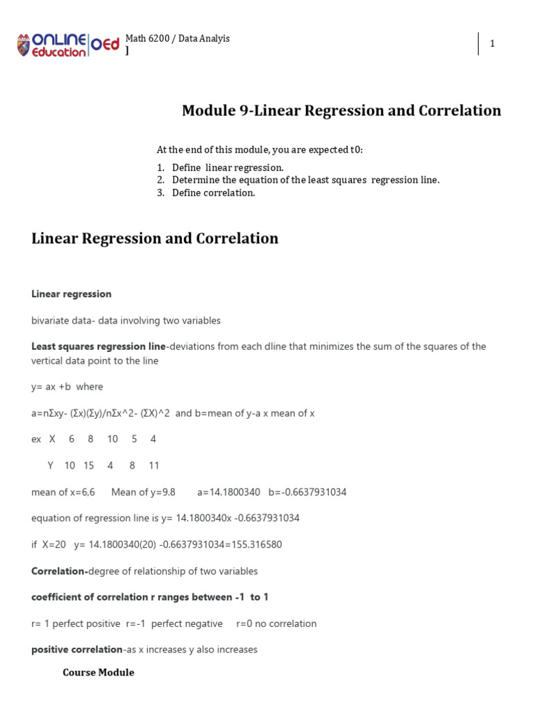 Week 9 - Linear Regression and Correlation | PDF