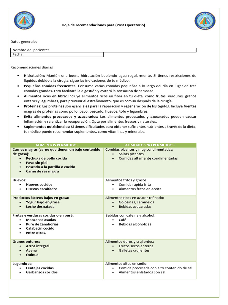 Hoja de recomendaciones para Paciente Postoperatorio | PDF