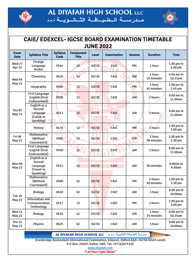 IGCSE Board Examination Timetable June2022 | PDF
