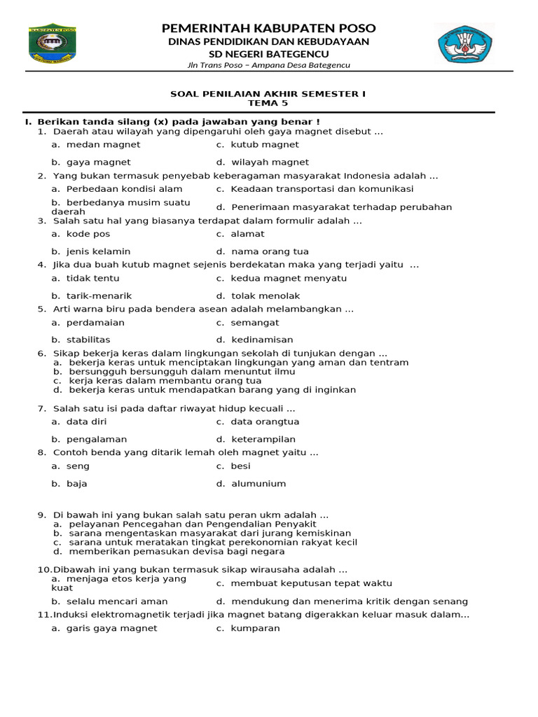 Soal PAS Kelas 6 Sem 1 Tema 5 - Kamimadrasah | PDF