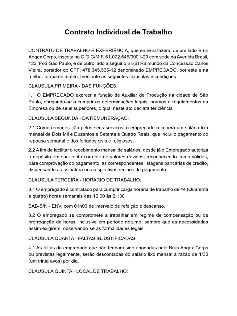 Contrato de Trabalho Dir | PDF