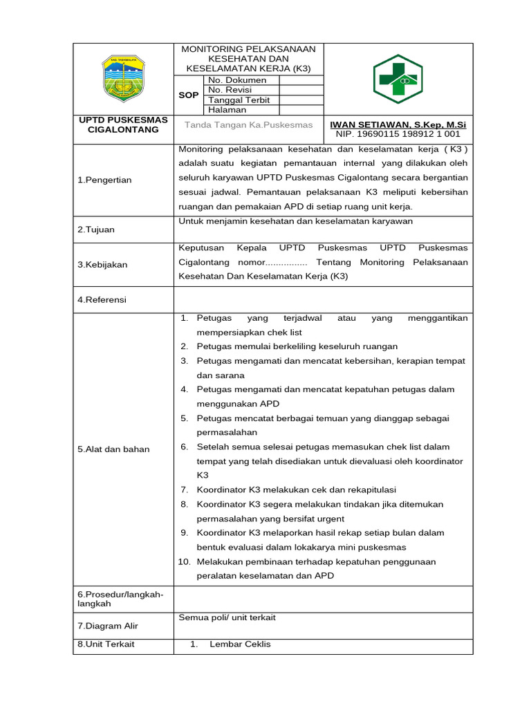 Sop Monitoring Pelaksanaan K3 | PDF