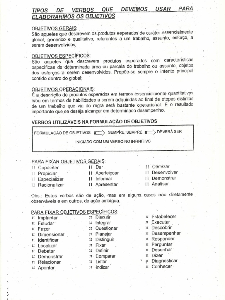 Verbos Objetivos Gerais e Específicos | PDF Verbos Objetivos Gerais e Específicos | PDF