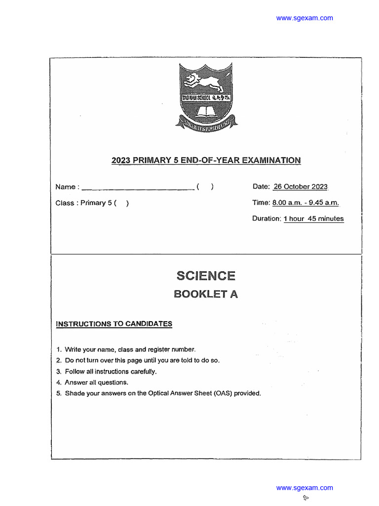 2023-P5-Science-End Of Year Exam-Tao Nan | PDF