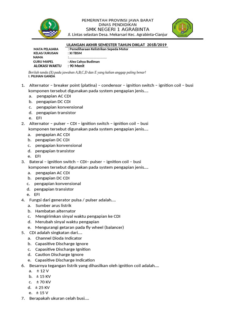 Soal UAS Kelistrikan Sepeda Motor Kelas Xi TBSM | PDF
