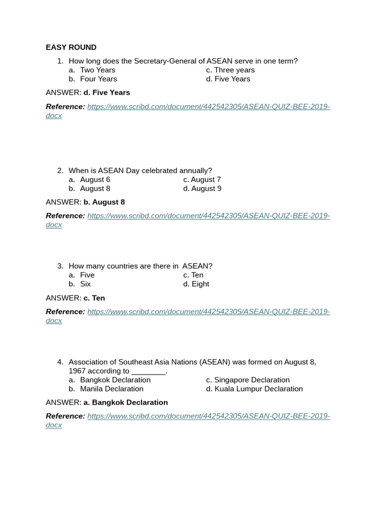 Asean Quiz Bee | PDF