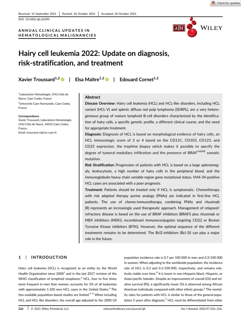 American J Hematol - 2021 - Troussard - Hairy Cell Leukemia 2022 Update ...