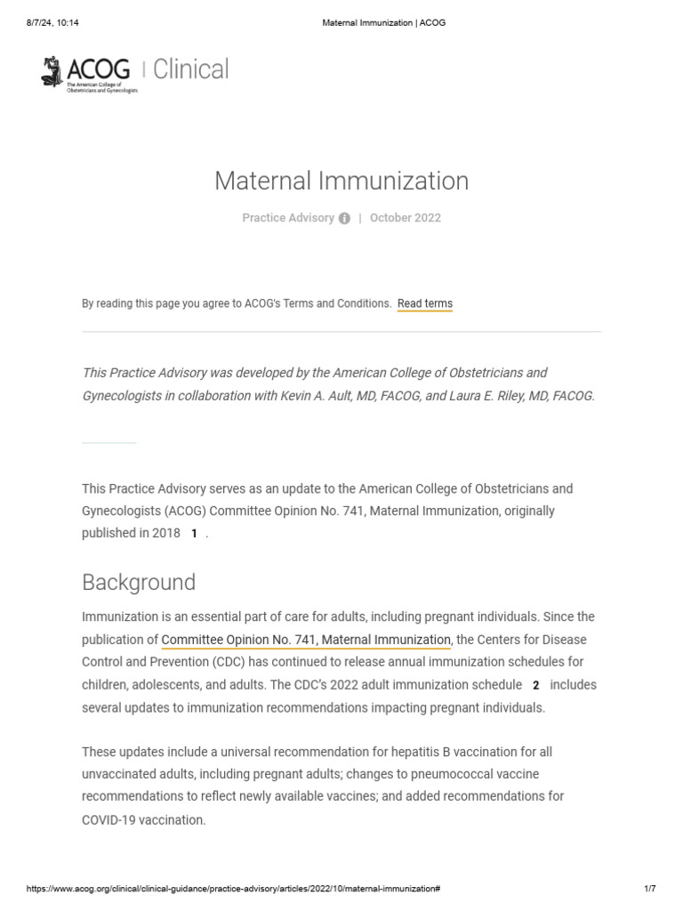 Maternal Immunization - ACOG | PDF