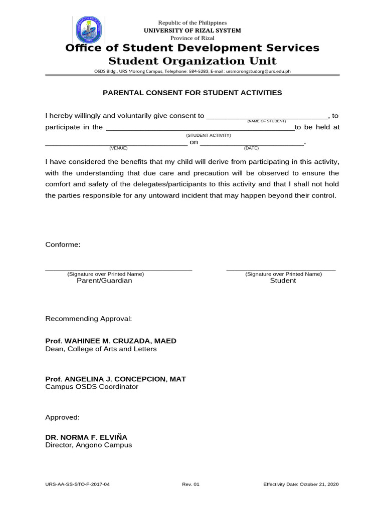 Urs Aa SS Sto F 2017 04 Parental Consent For Student Activities 2 | PDF