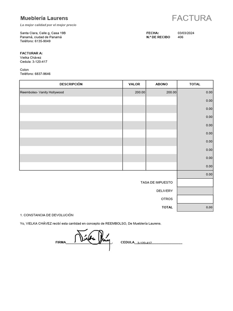Recibo 406 mueblería Lauren’s firmado | PDF