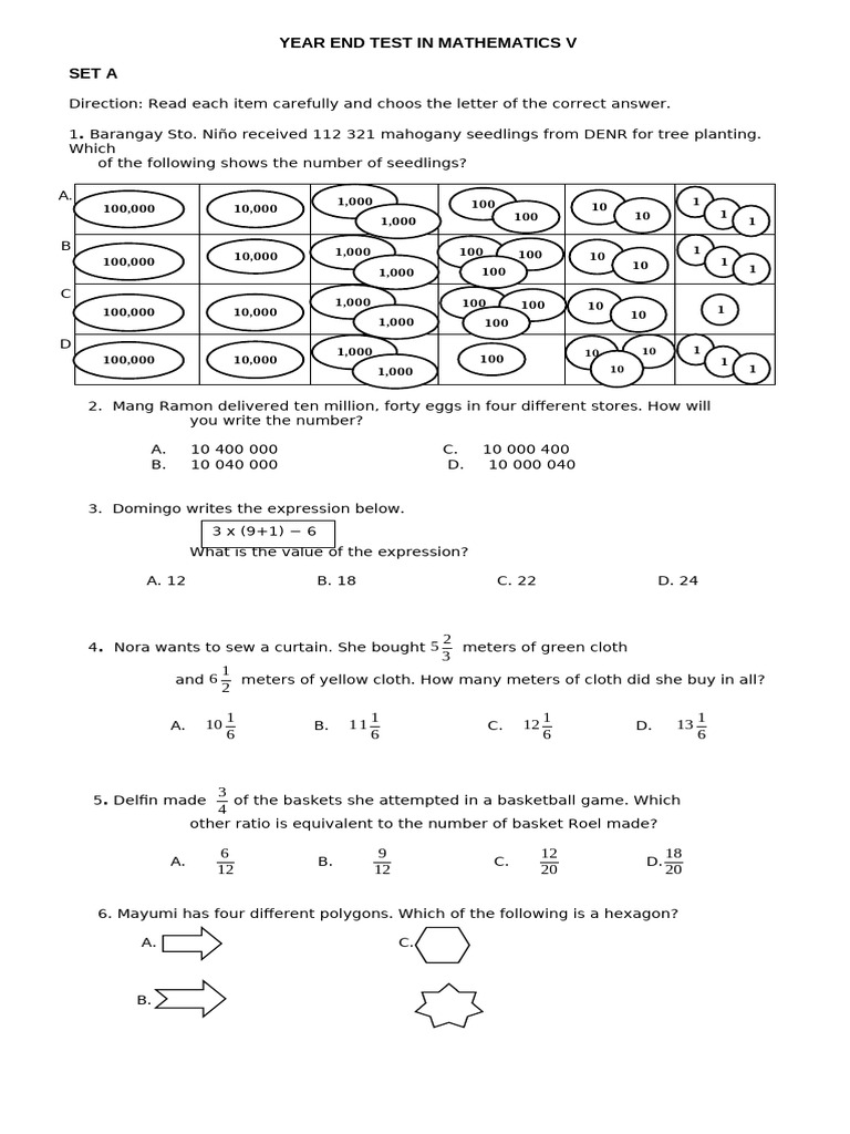 Year-End Mathematics Test for Grade 5 | PDF | Elementary Geometry ...