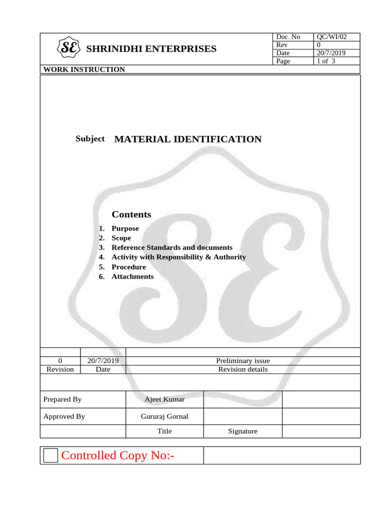 QC-WI-02 Material Identification | PDF