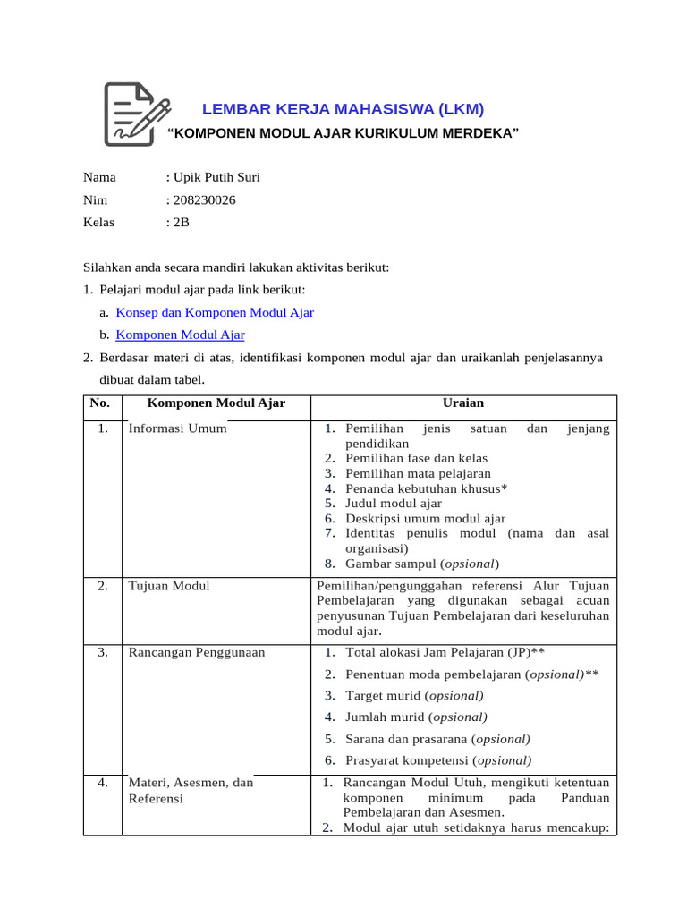 LKM Identifikasi Komponen Modul Ajar Kurikulum Merdeka | PDF