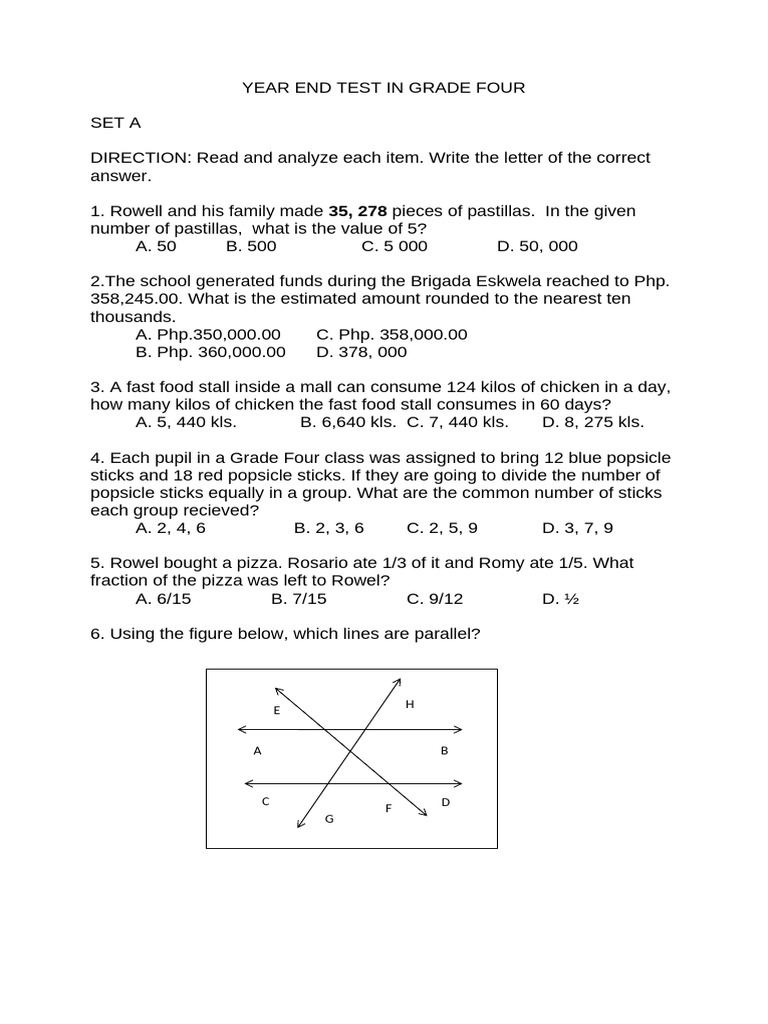 Grade Four Year End Test | PDF | Volume | Length