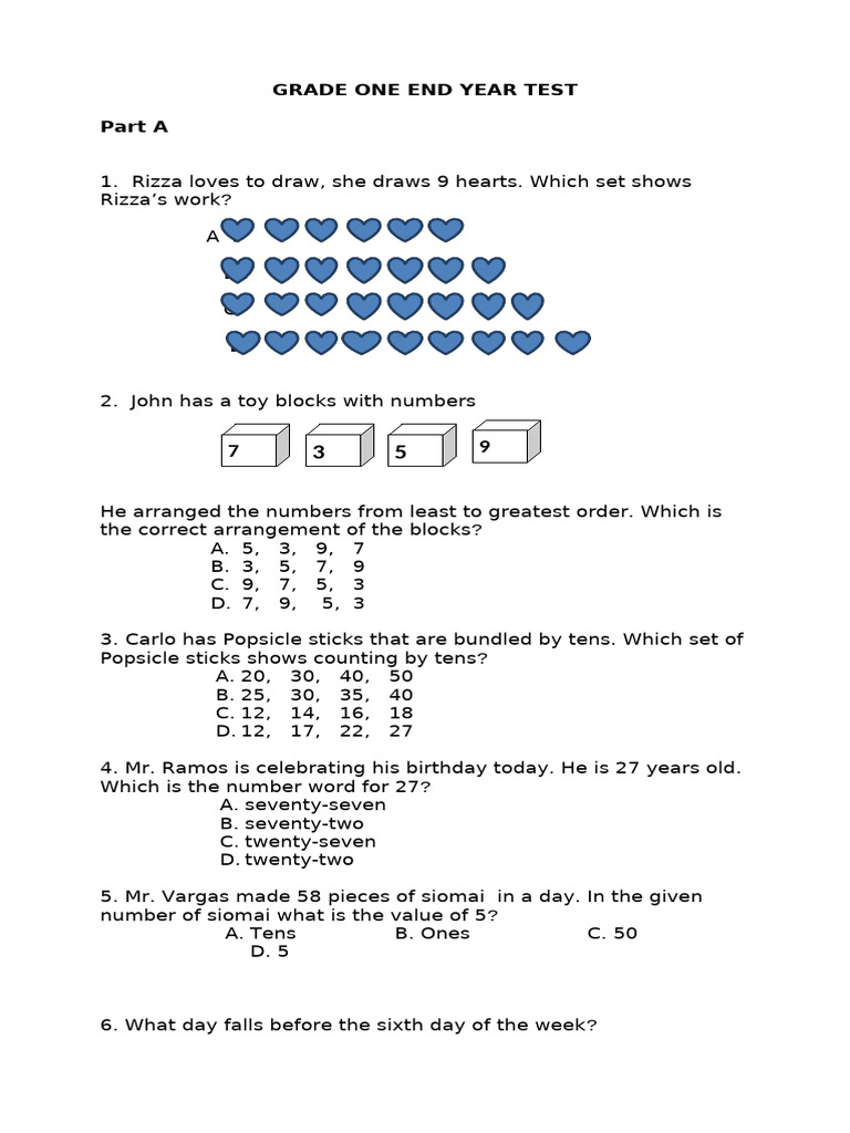 GRADE ONE YEAR END TEST | PDF