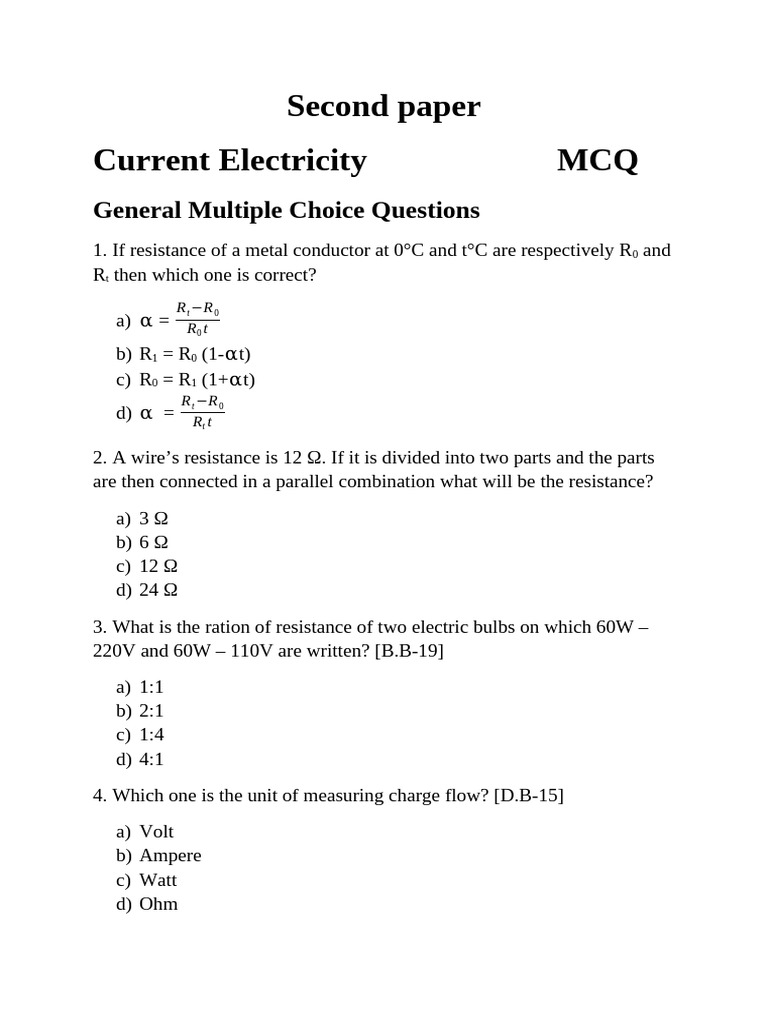 2nd Paper..Current Electricity..MCQ | PDF