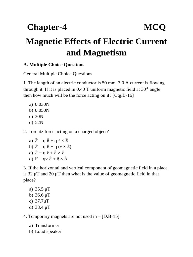 Magnetic Effects of Electric Current and Magnetism CQ | PDF
