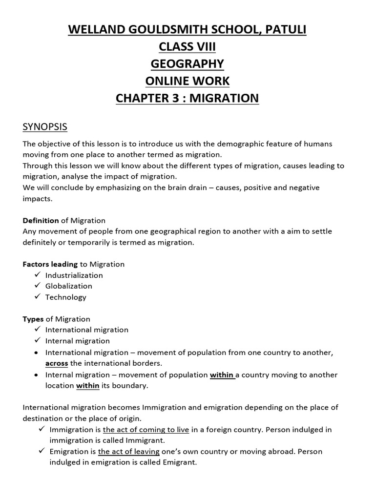 Class 8 Subject Geography Chapter Migration Synopsis and Worksheet ...
