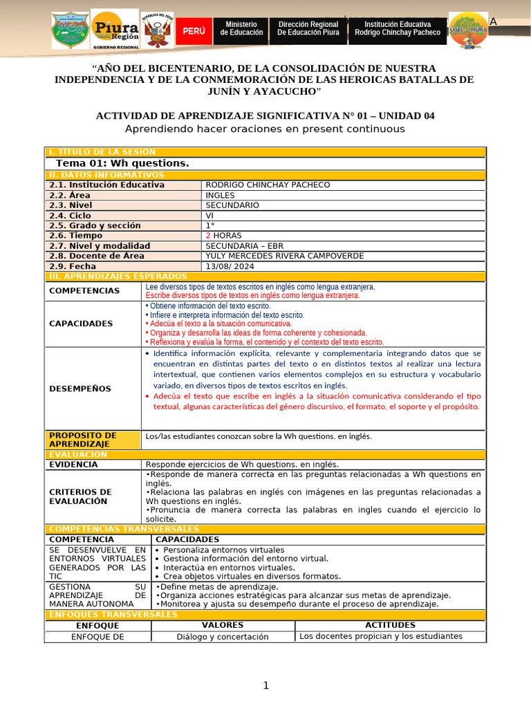 3° Sec. Sesion Actv 01 Ingles 2024 | PDF | Evaluación | Aprendizaje