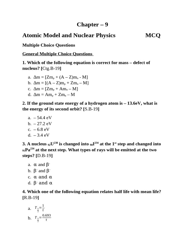 Atomic Model and Nuclear Physics..MCQ | PDF