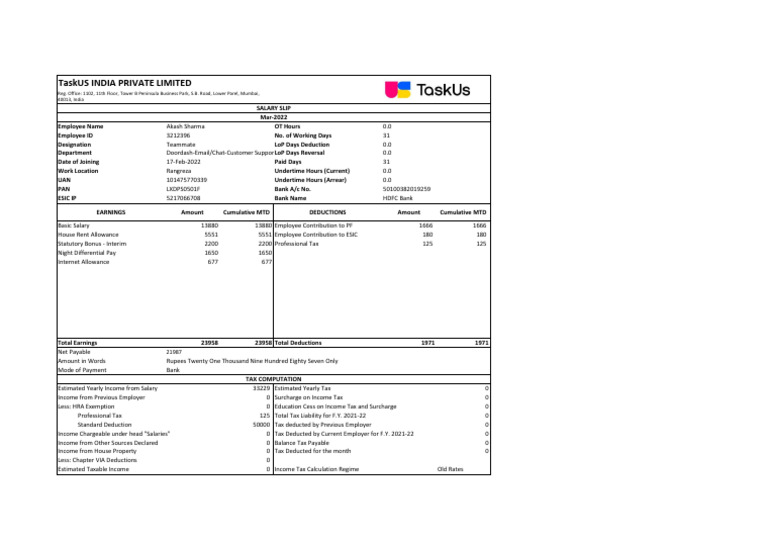 March Taskus Payslip | PDF