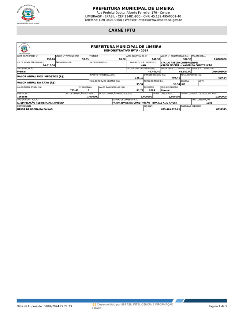 IPTU Limeira 2024 | PDF