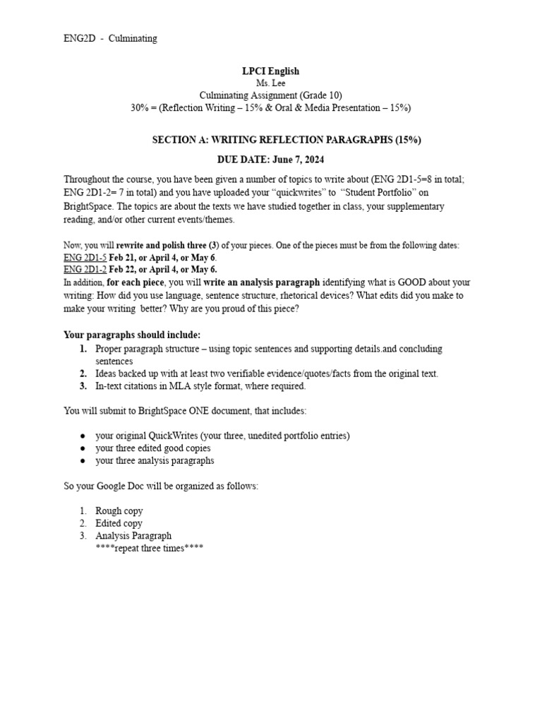 ENG2D - CULMINATING June 2024 | PDF | Citation | Paragraph