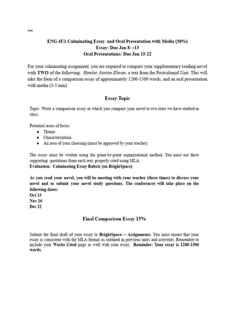 ENG4U Culminating Assignment Jan 2023 | PDF | Essays | Language Arts ...