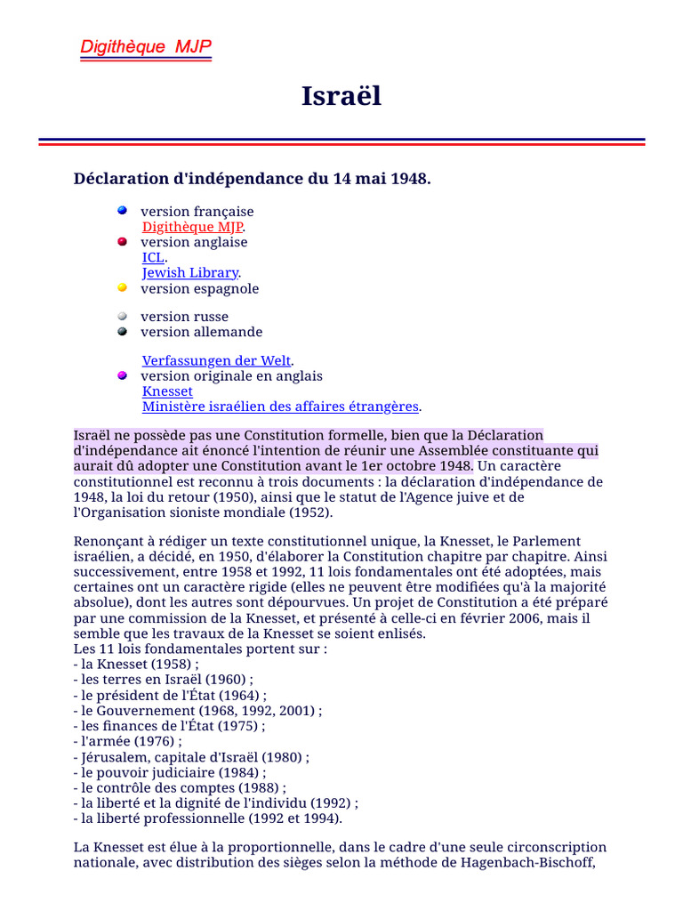 Israël, Constitution, Digithèque MJP | PDF