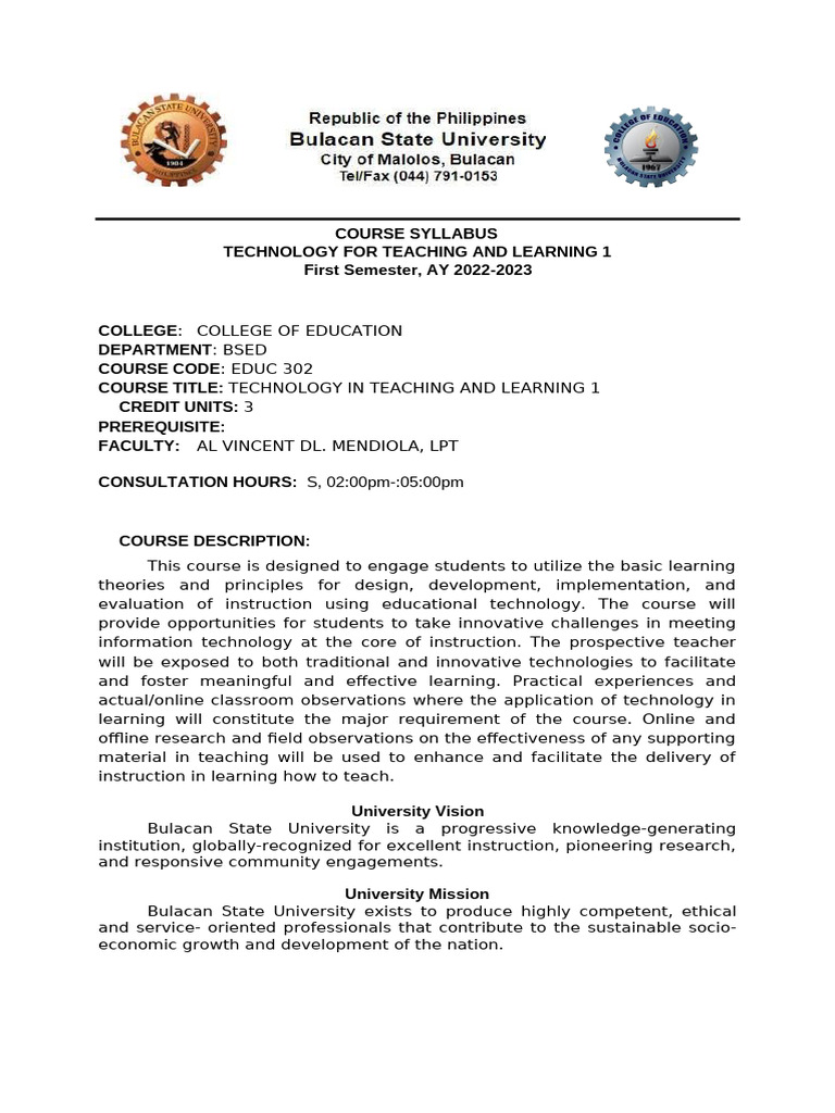 Technology in Teaching Syllabus 2022-2023 | PDF | Educational ...