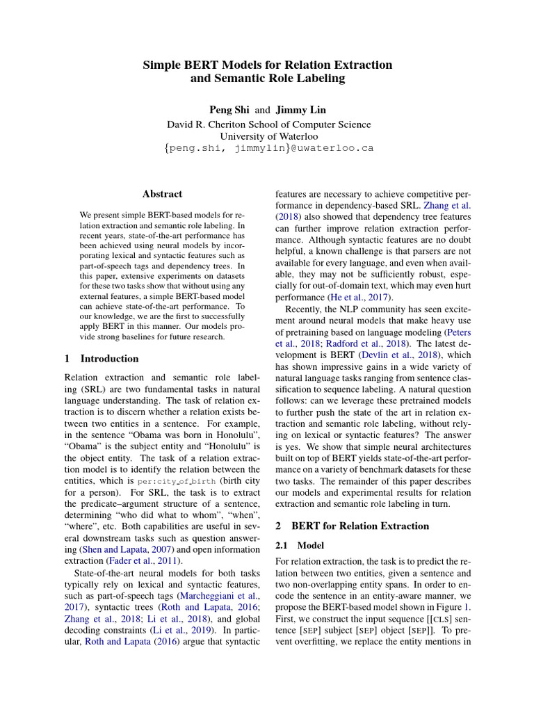 Simple BERT Models For Relation Extraction and Semantic Role Labeling | PDF