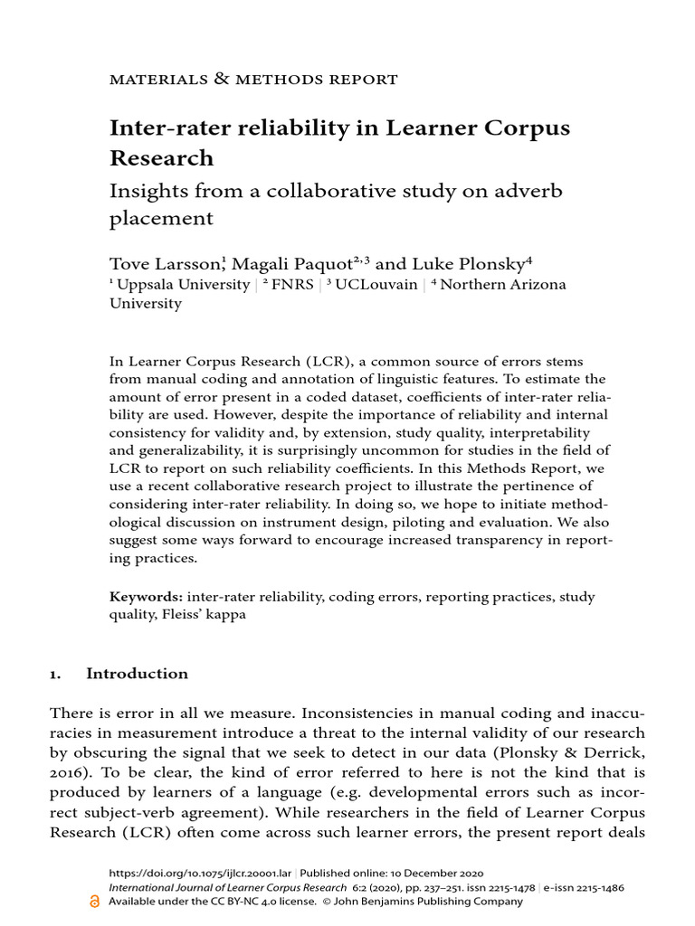 Inter-Reliability in Learner Corpus Research | PDF