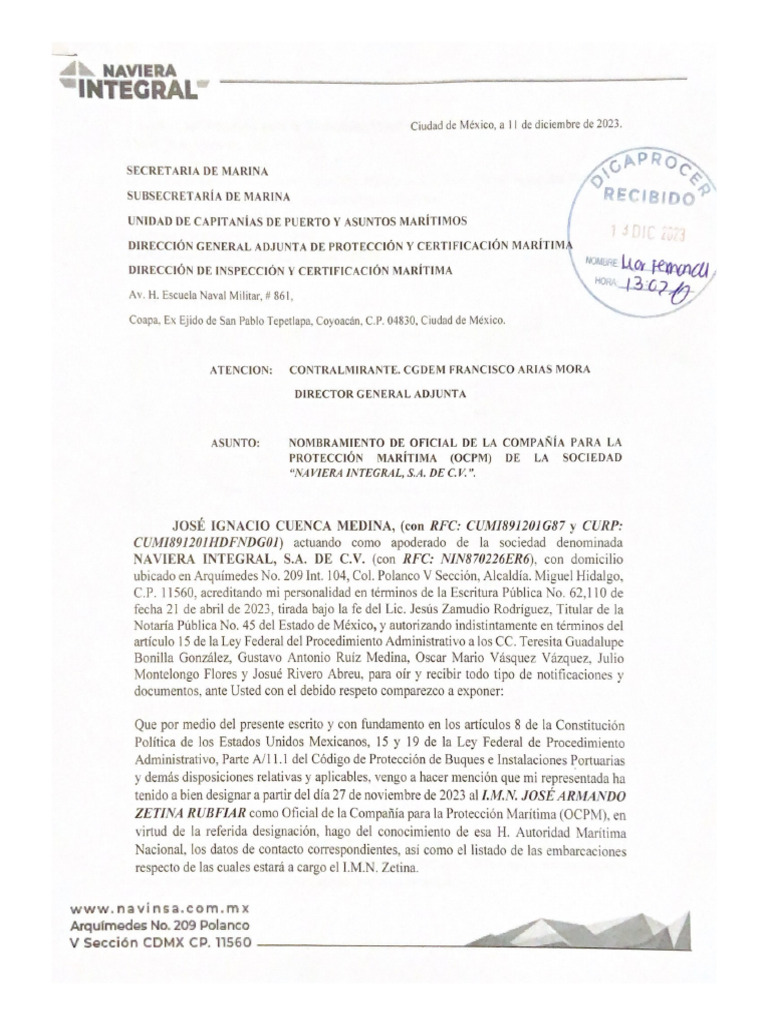 Acuse Ingreso Escrito Libre OCPM Naviera Integral 2023 | PDF