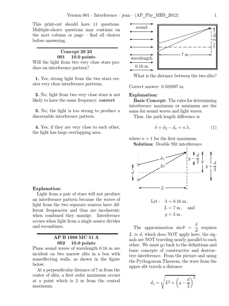AP Physics - Light Interference Assignment Solutions | PDF