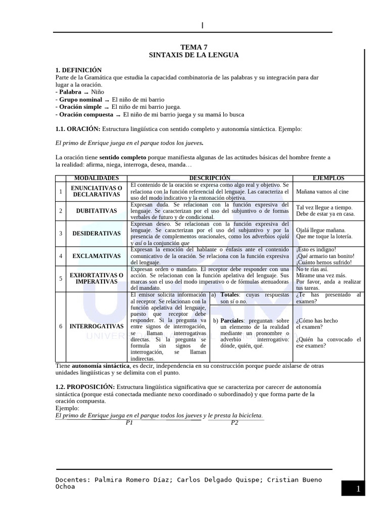 Tema 7 Sintaxis de La Lengua Española | PDF