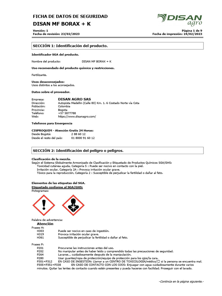 Hoja de Seguridad DISAN MF BORAX K | PDF