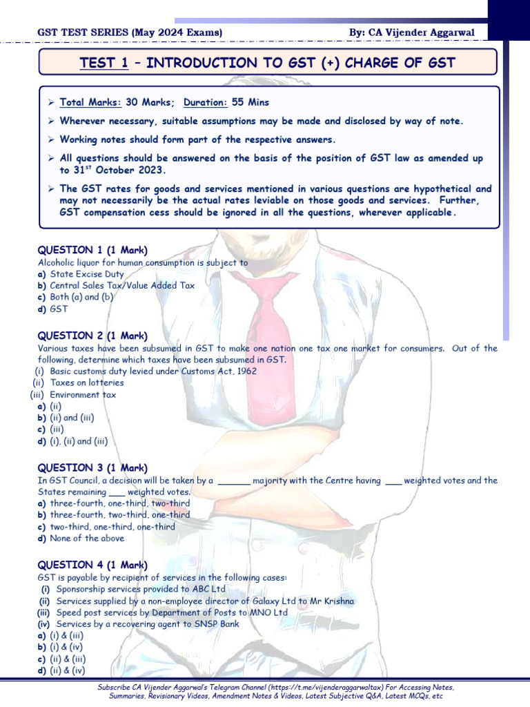 CA-Inter GST Test 1 - Introduction To GST & Charge of GST (Paper) | PDF