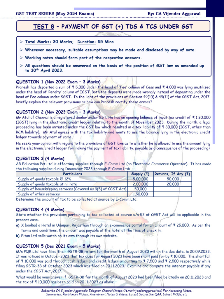 CA-Inter GST Test 8 - Payment of GST (+) Tds & Tcs (Paper) | PDF