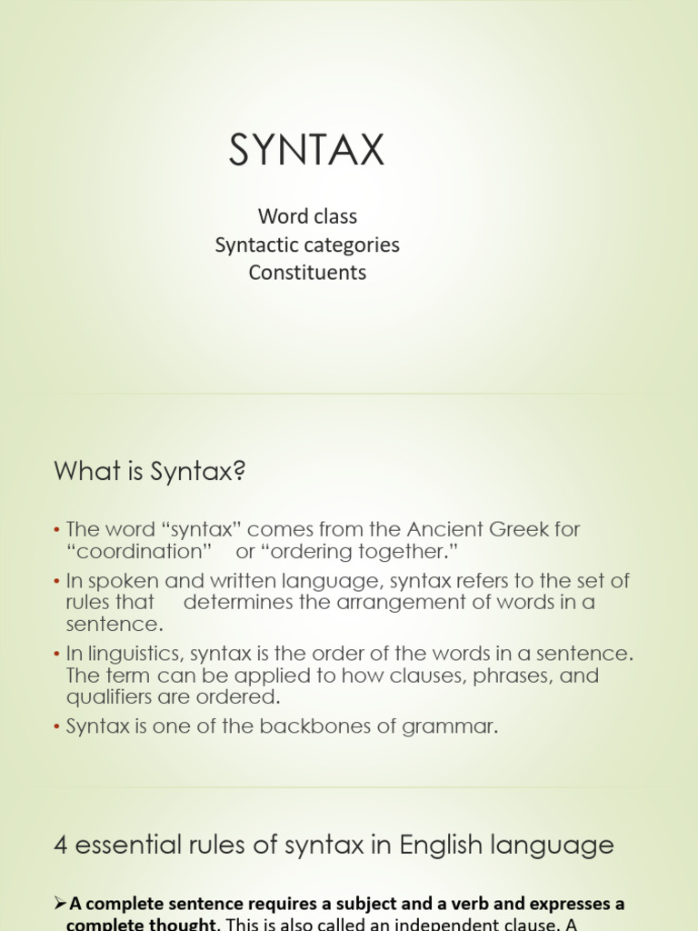 Syntax - Word Class | PDF