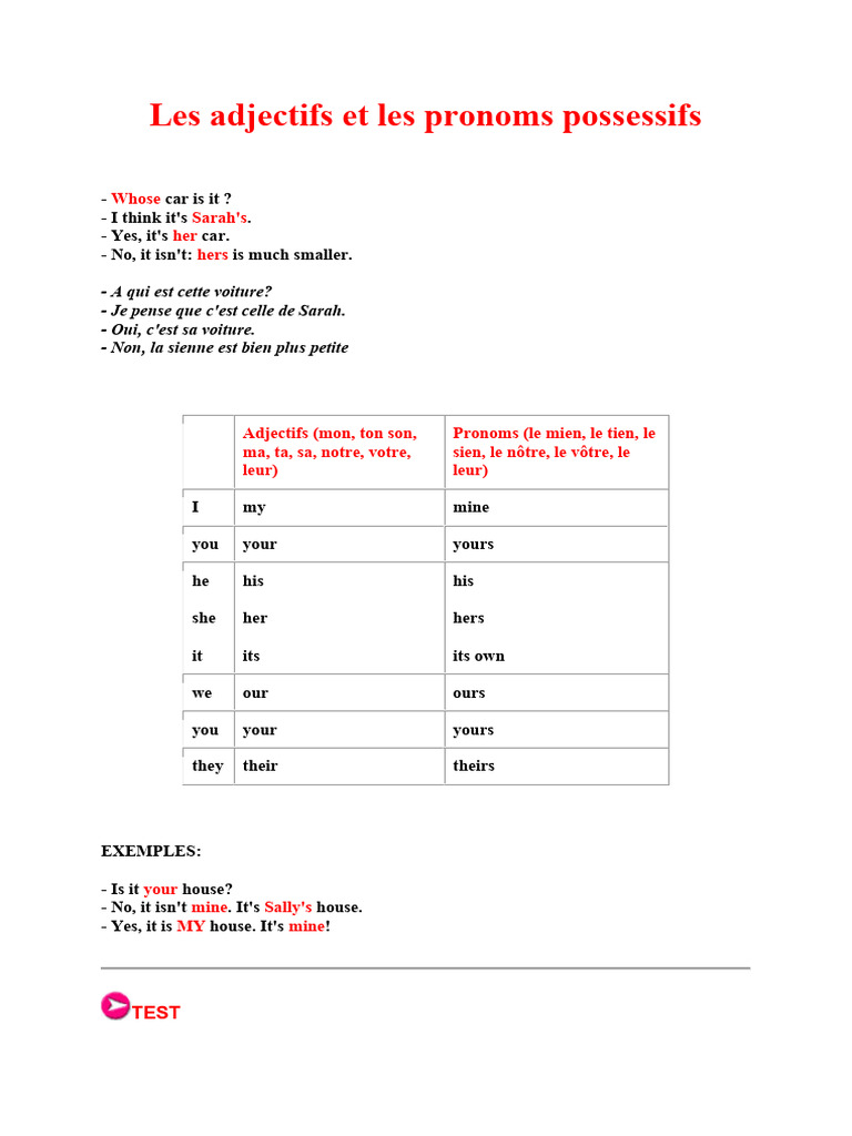Les Adjectifs Et Pronoms Possessifs | PDF
