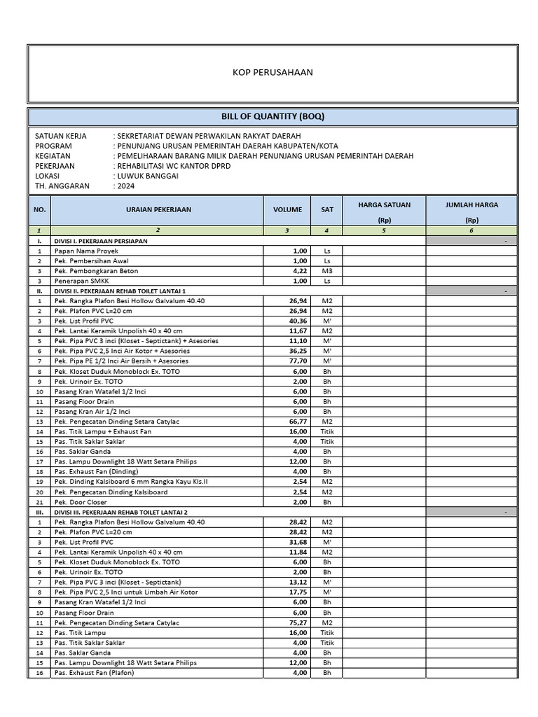 Boq Rehabilitasi WC Kantor DPRD | PDF