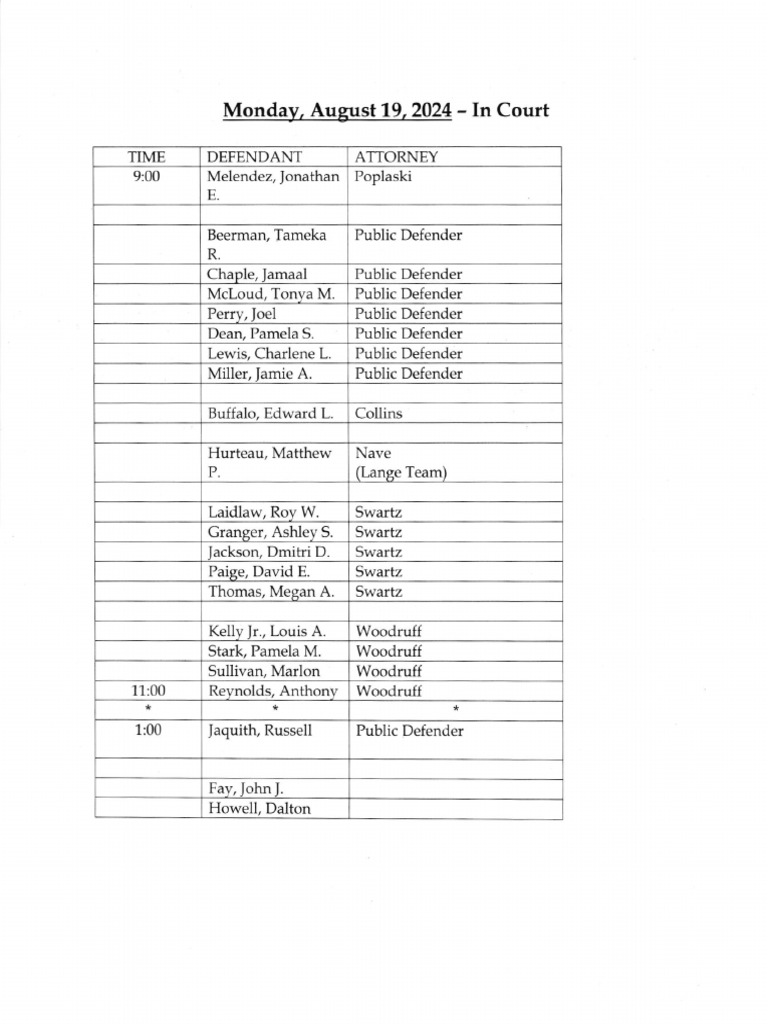 Court Schedule for August 19, 2024 | PDF
