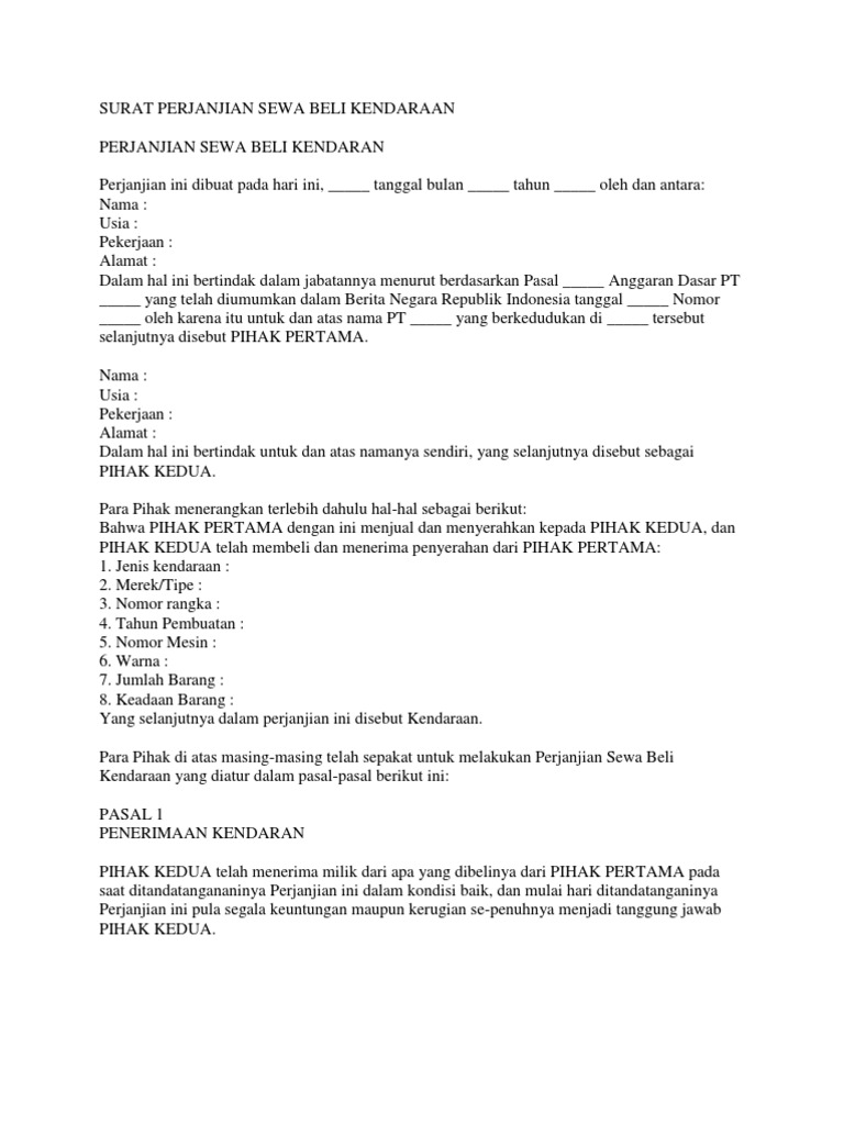 Surat Perjanjian Sewa Beli Kendaraan Pdf