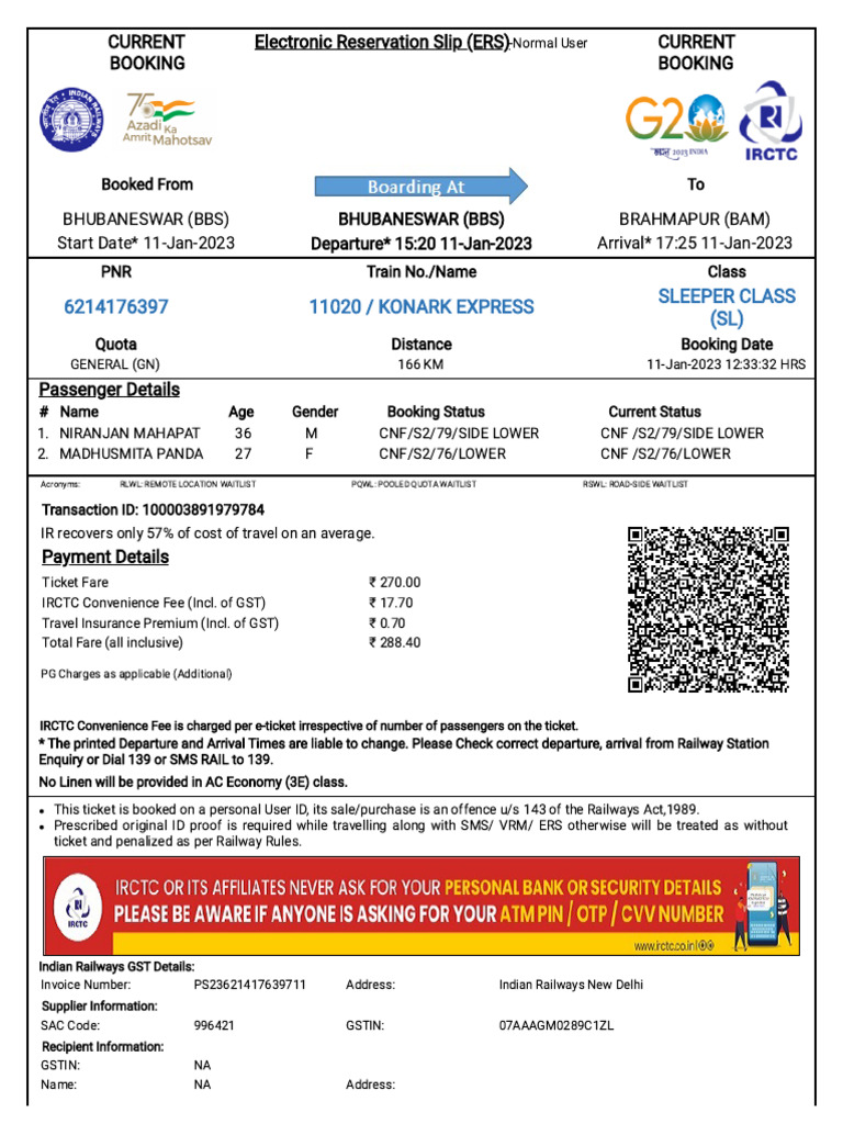 Konark Express Sleeper Class (SL) | PDF