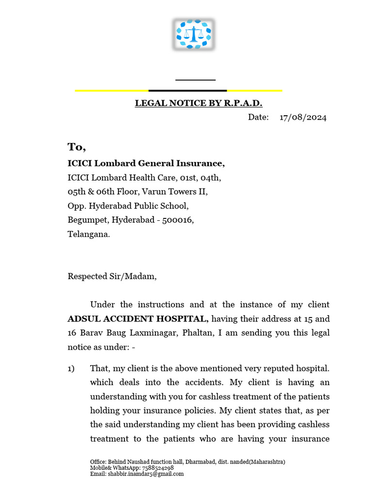 Adsul Hospital Notice To Icici Lombard Patient Name Jayshree | PDF