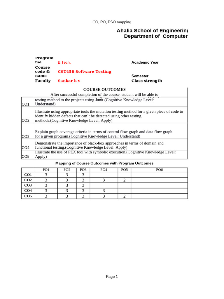 Sample - CST458 Software Testing - CO, PO, PSO Attainment - 2019-23 ...