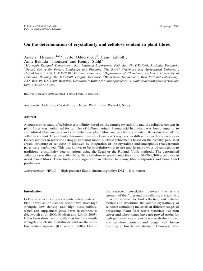 2005 On The Determination of Crystallinity and Cellulose Content in Plant Fibres | PDF